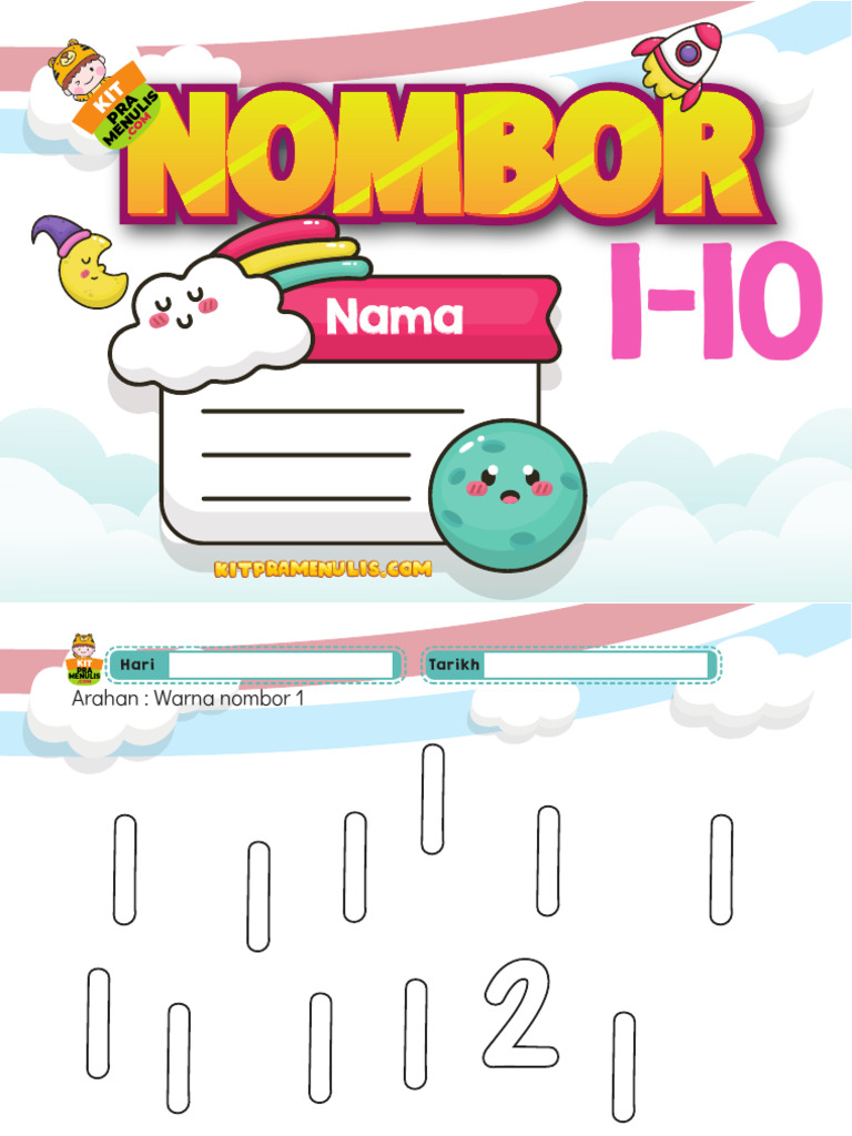 Warna Nombor 1-10 Tema Awan | PDF