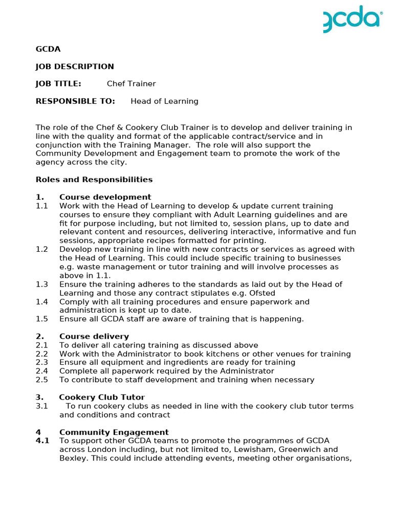 Chef Trainer Job Description at GCDA | PDF