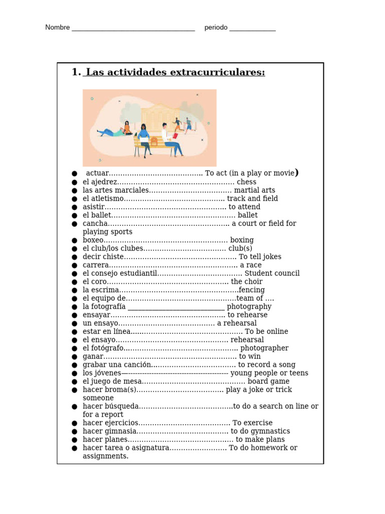 Vocabulario Las Actividades Extracurriculares | PDF | Deportes individuales