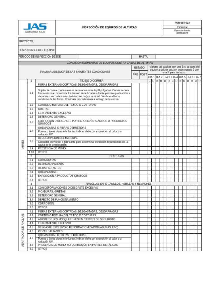 For-SST-013 Inspección Equipos de Alturas | PDF | Ciencia de los Materiales | Cantidades fisicas
