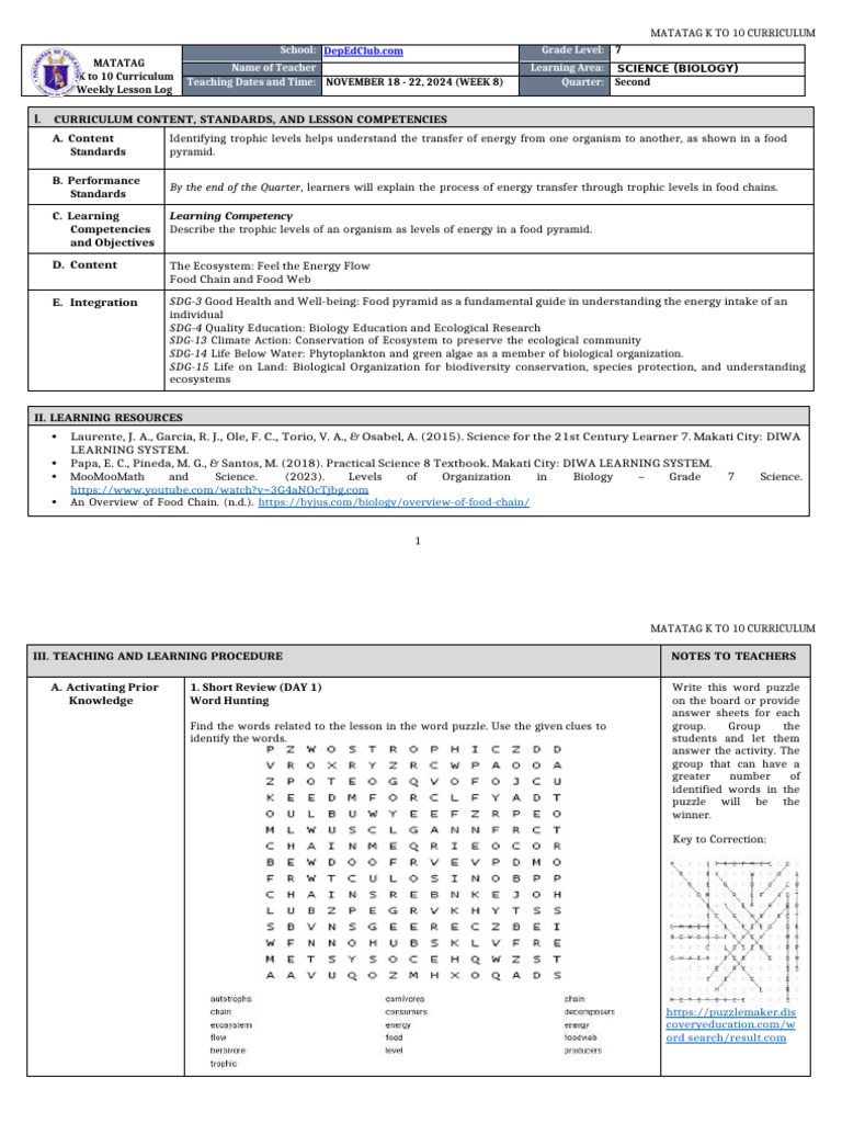 DLL Matatag - Science 7 q2 w8 | PDF | Food Web | Ecosystem