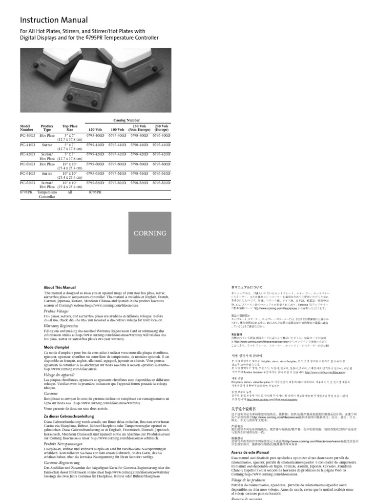 Corning Hot Plate Stirrer Manual | PDF | Technology & Engineering
