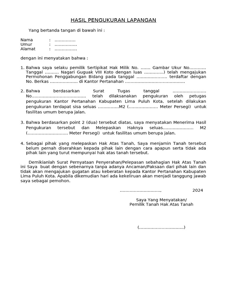 Contoh Surat Pelepasan Hak Karena Jalan | PDF