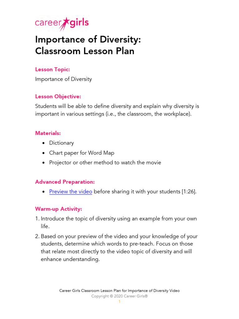 Importance of Diversity Empowerment Lesson Classroom Lesson Plan | PDF ...