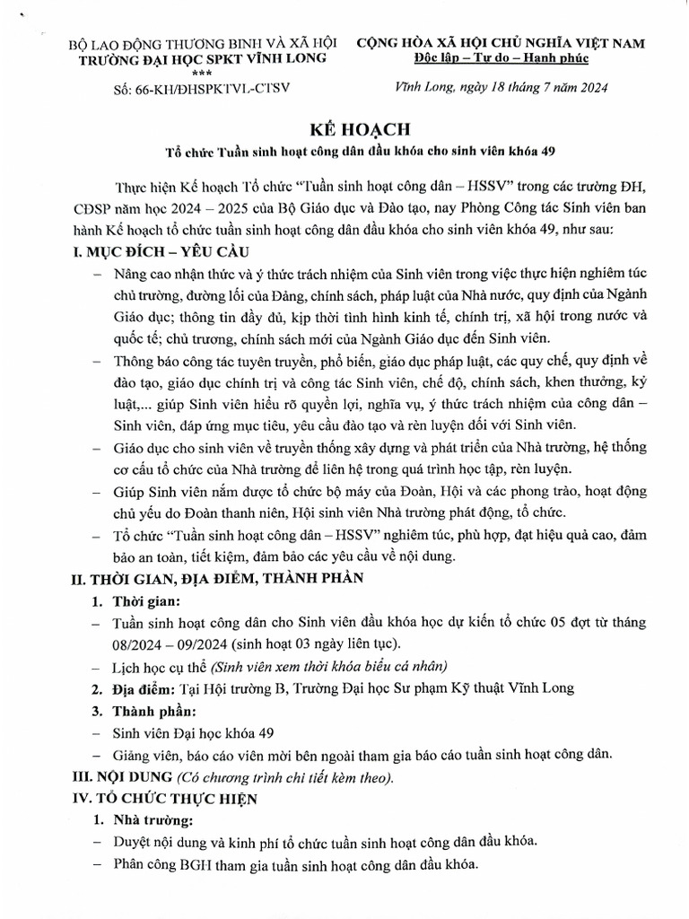 66. Kế hoạch SHCD đầu khoá K49 | PDF