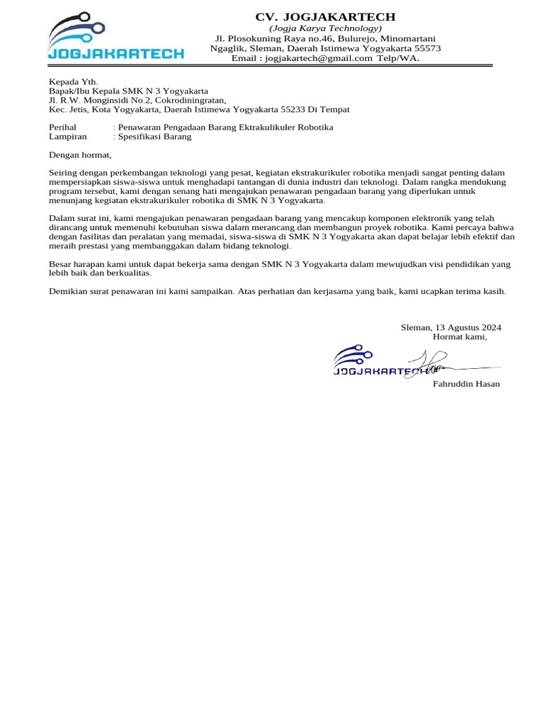 Surat Penawaran Pengadaan Barang Ektrakulikuler Robotika | PDF