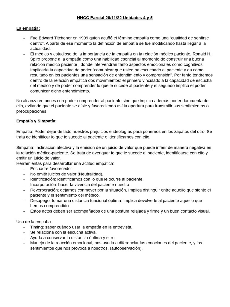 HHCC Parcial 28-11-22 Unidades 4 y 5 | PDF | Las emociones | Empatía