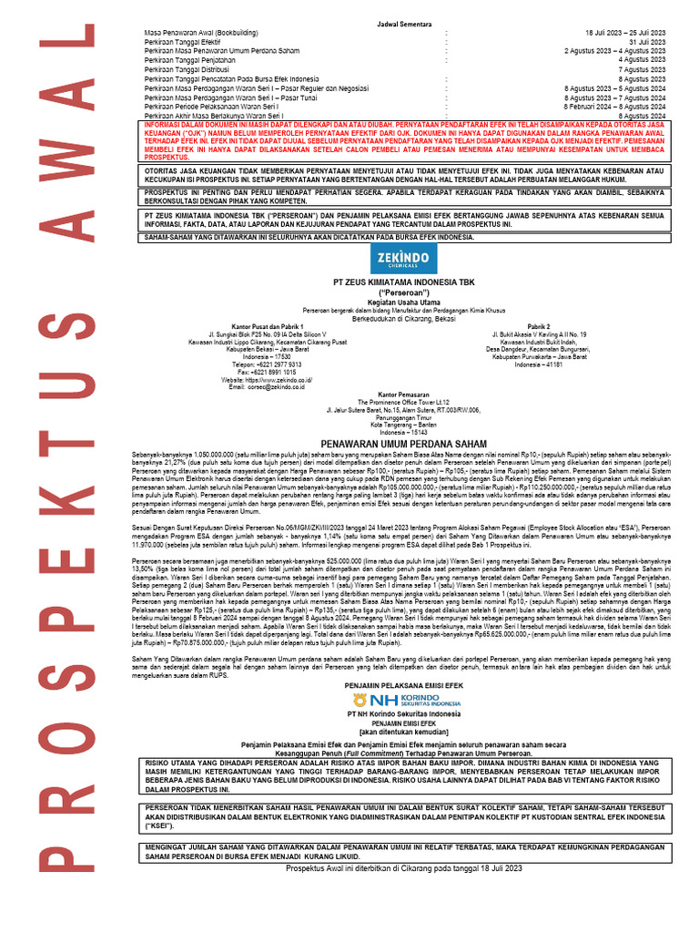 Prospektus Awal PT Zeus Kimiatama Indonesia TBK | PDF