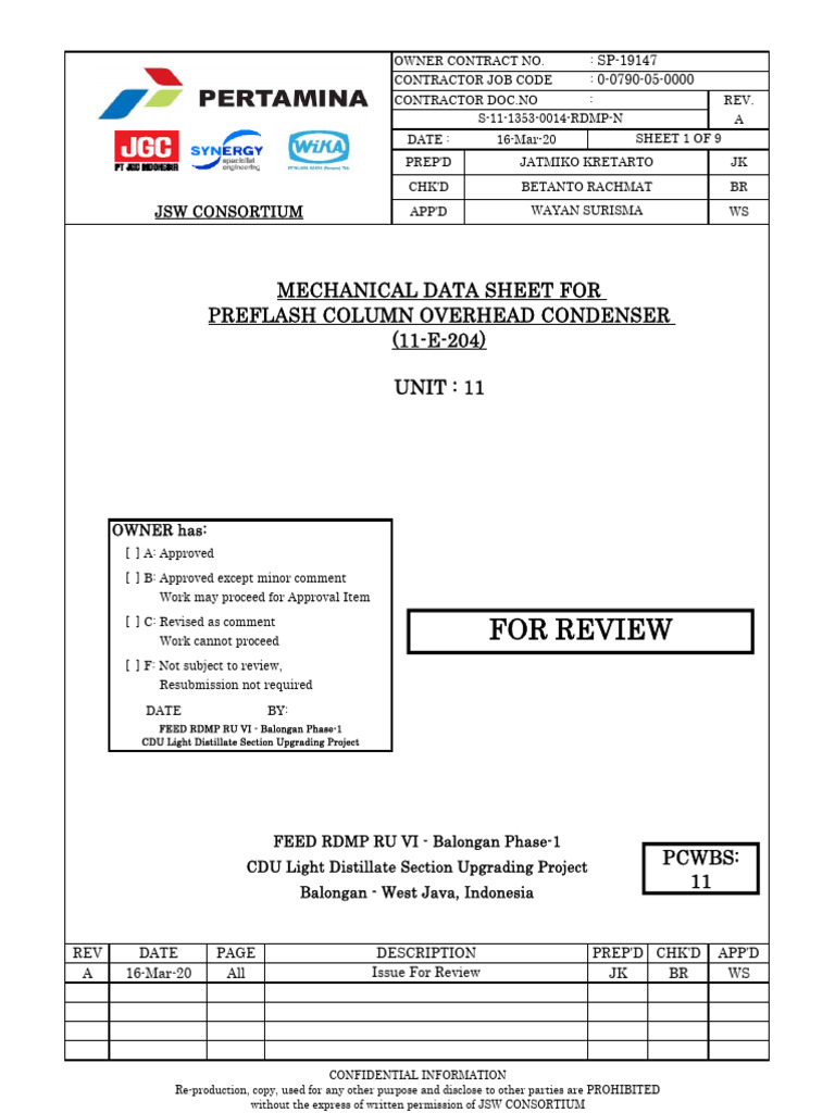 S-11-1353-0014-RDMP-N Mechanical Datasheet For Preflash Column Overhead Condenser (11-E-204 ...