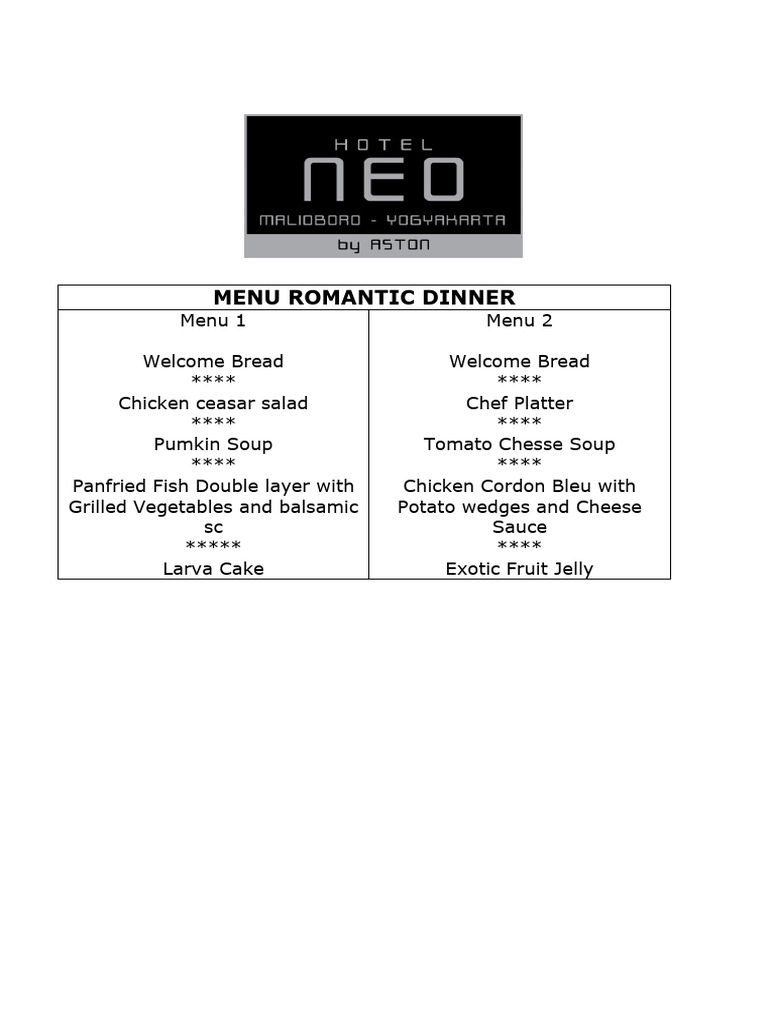 Menu Romantic Dinner Neo | PDF