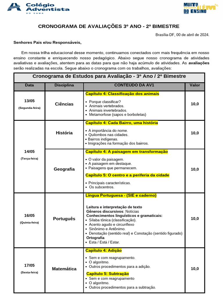 Cronograma 2°b - Av1 - 2024 | PDF | Estresse (Linguística)