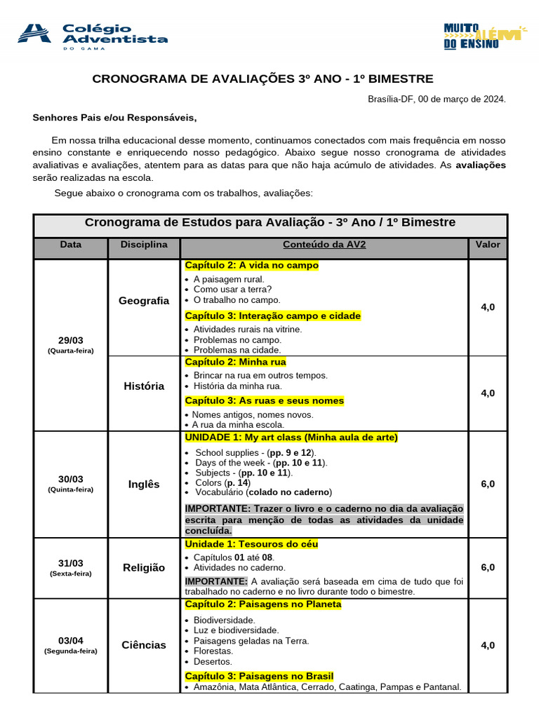 Cronograma - 1°b - Av2-2024 | PDF | Bíblia