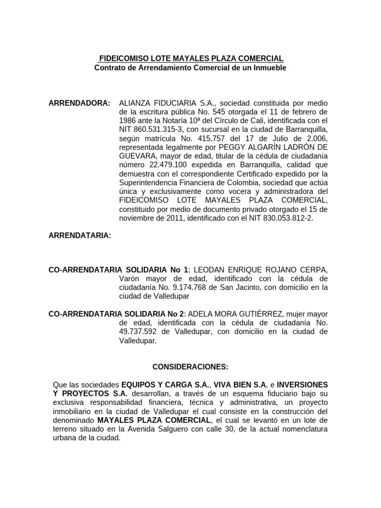 Contrato de Arrendamiento Fideicomiso Lote Mayales Plaza Comercial Isla ...