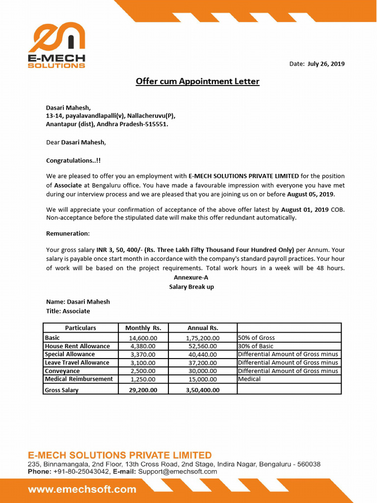 Appointment Cum Offer Letter | PDF | Salary | Employment