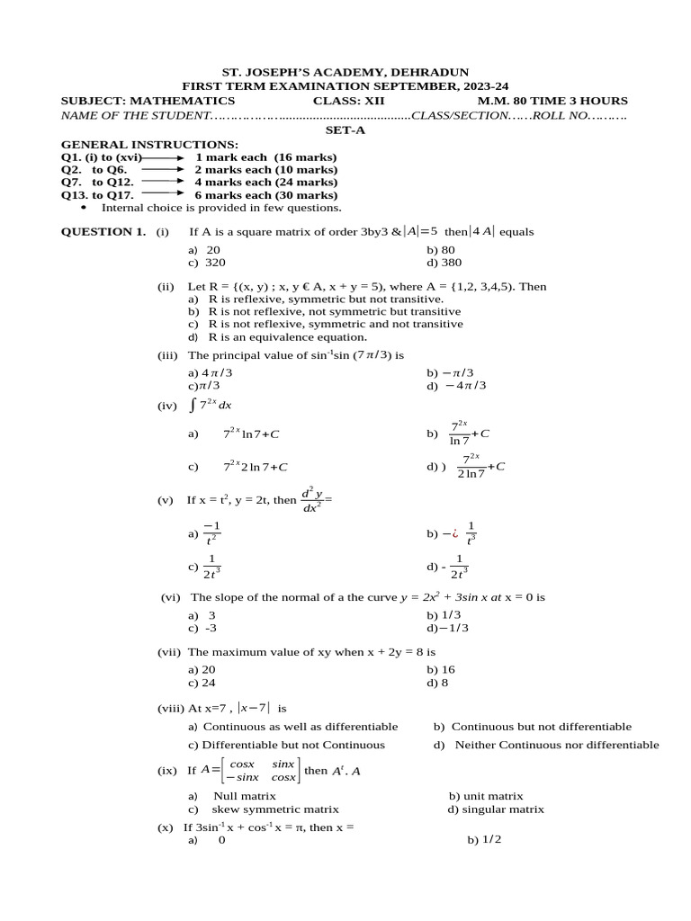 Maths Xii - First Term 2023-24 Rs | PDF | Mathematical Analysis | Mathematical Physics