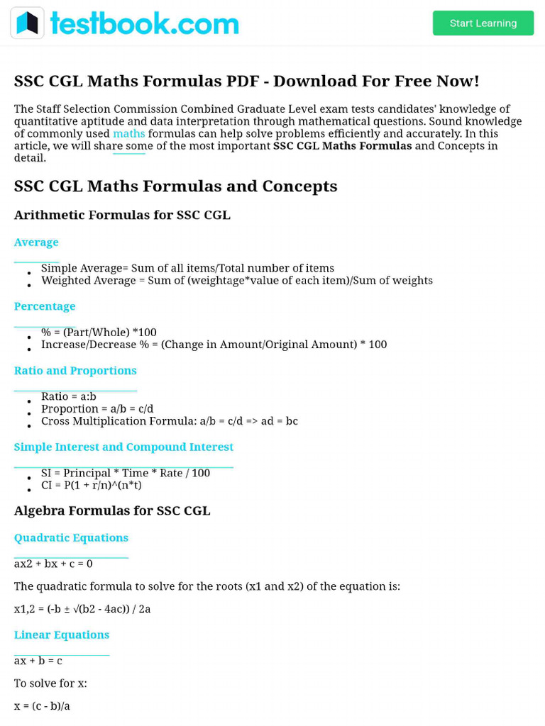 SSC CGL Maths Formulas PDF - Download For Free Now! | PDF