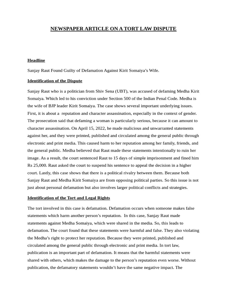 Newspaper Article On A Tort Law Dispute | PDF | Defamation | Public Sphere