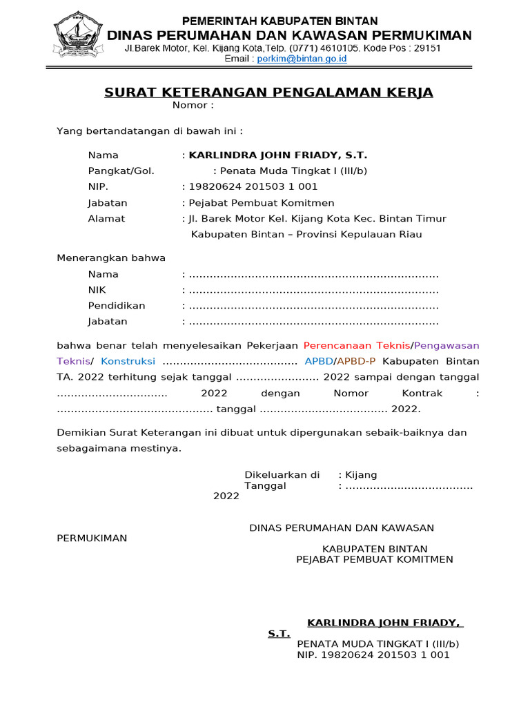 Format Surat Referensi Kerja - Ta. 2022 | PDF