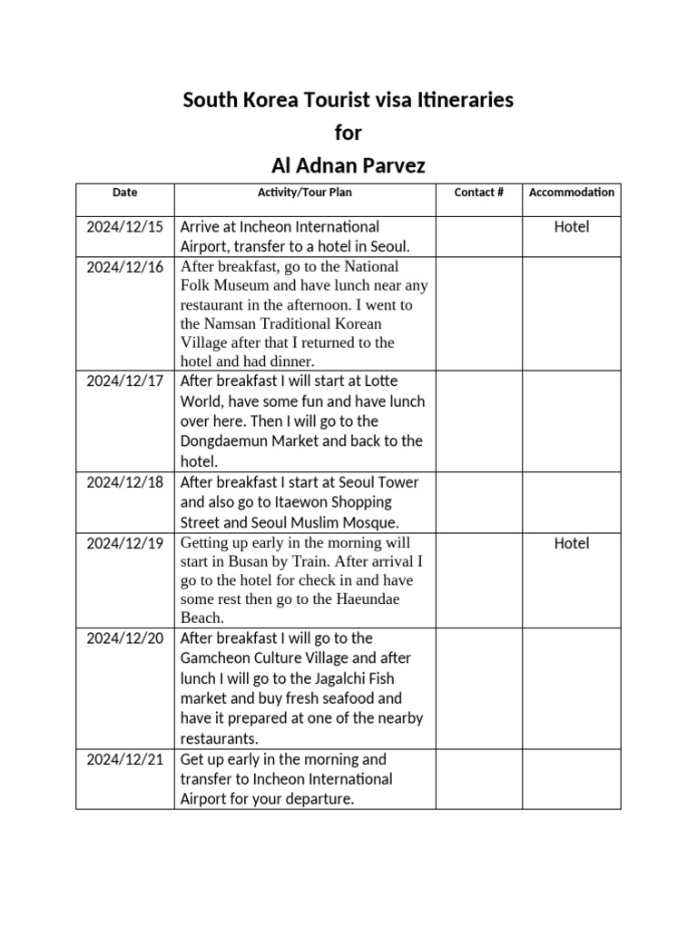 South Korea Tourist Visa Itineraries | PDF