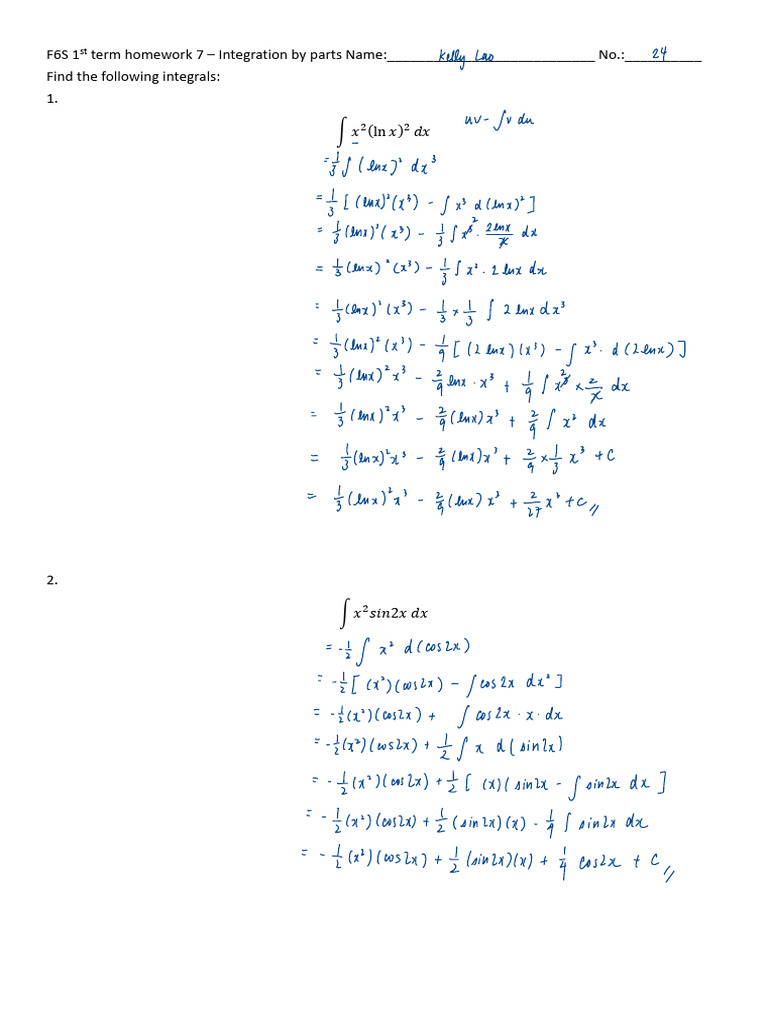 F6S 1st Term Homework 7 Integration by Parts | PDF