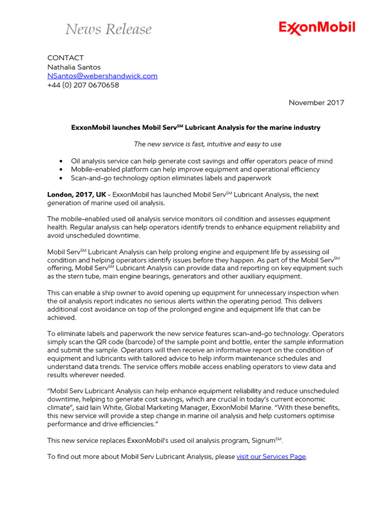 Mobil Serv Lubricant Analysis Launch ExxonMobil Marine | PDF ...