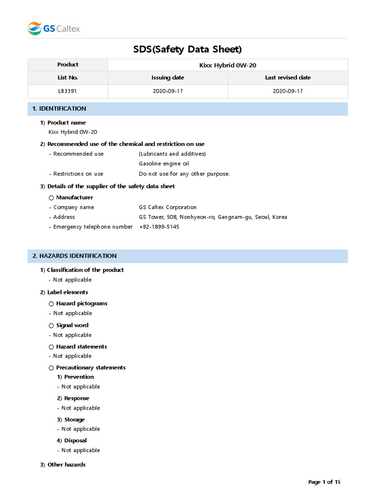 MSDS - 2020-11-30 - LB3391 - Kixx Hybrid 0W-20 - en - 1.0 | PDF | Fires ...