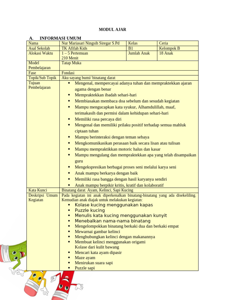 Modul Ajar Binatang Darat untuk TK | PDF