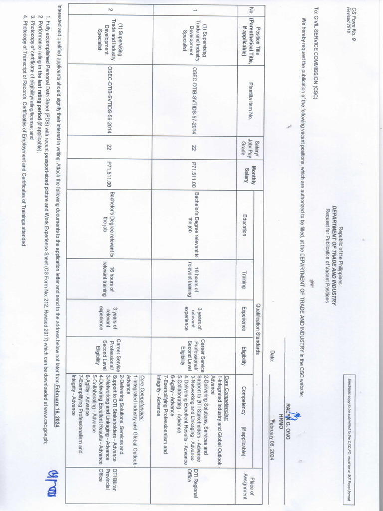 CS Form No. 9 Request For Publication of Vacant Positions With ...