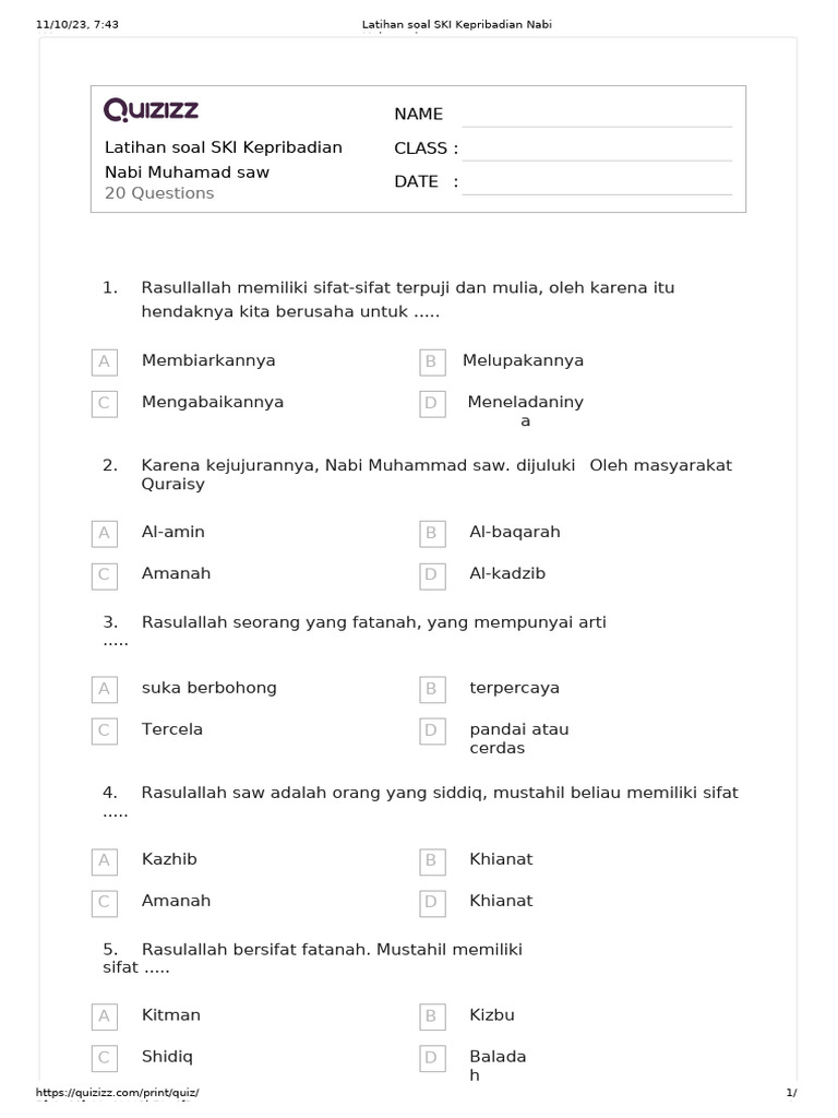 Latihan Soal SKI Kepribadian Nabi Muhamad Saw | PDF