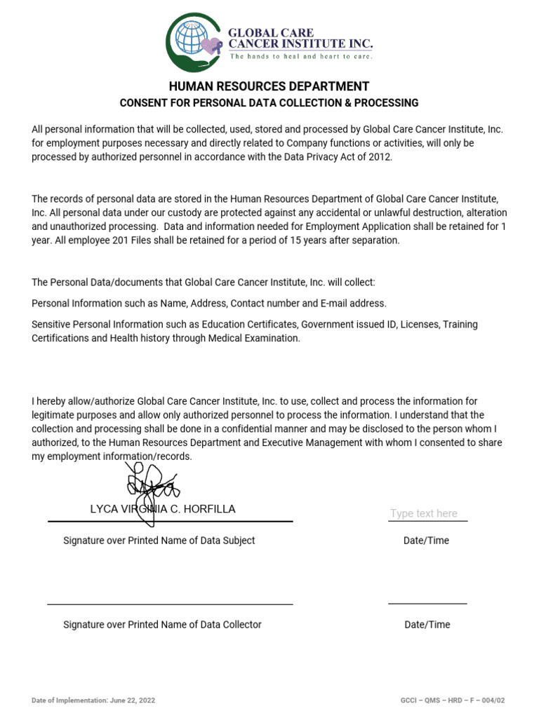 Consent for Data Collection Form | PDF