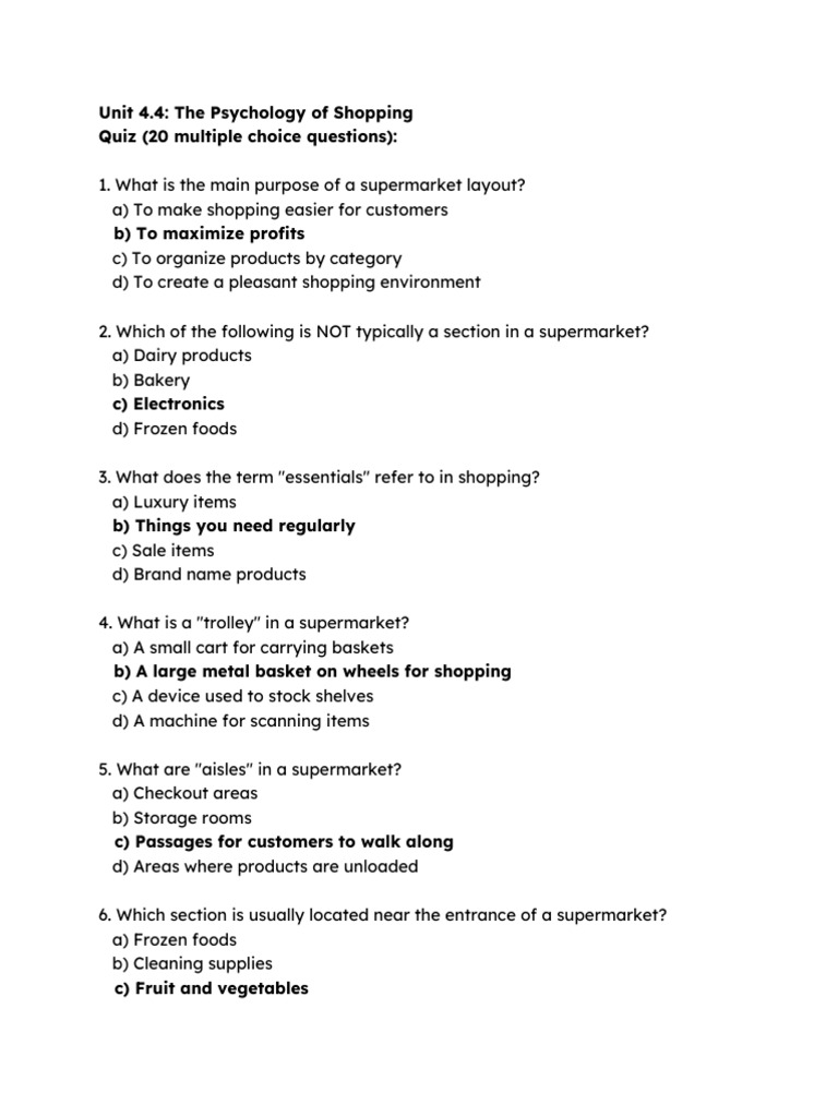 Unit 4.4 Pre and Post Lesson Quiz | PDF | Supermarket | Marketing