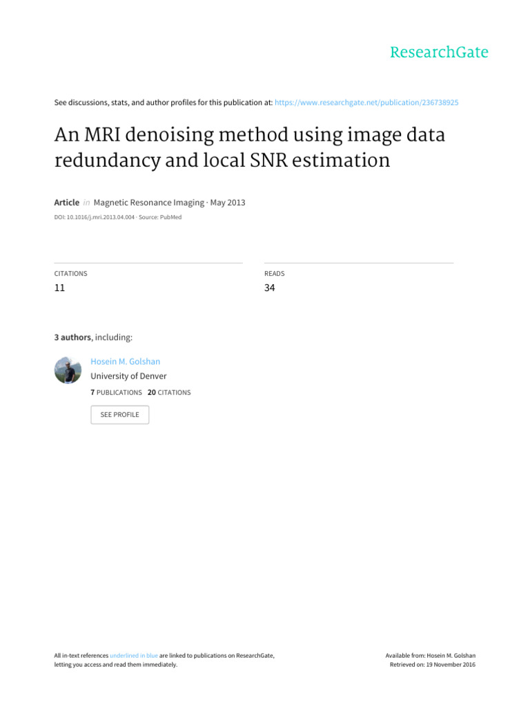 An MRI Denoising Method Using Image Data | PDF | Medical Imaging | Signal To Noise Ratio