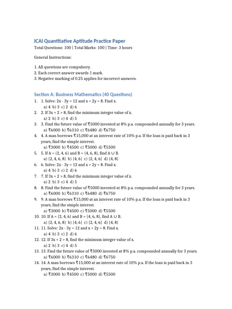 ICAI Quantitative Aptitude Paper | PDF | Interest | Median