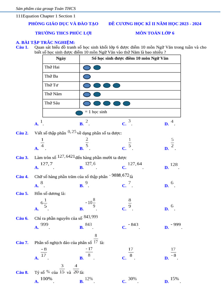 DA01 ĐỀ CƯƠNG HK2 TOÁN 6 PHÚC LỢI | PDF