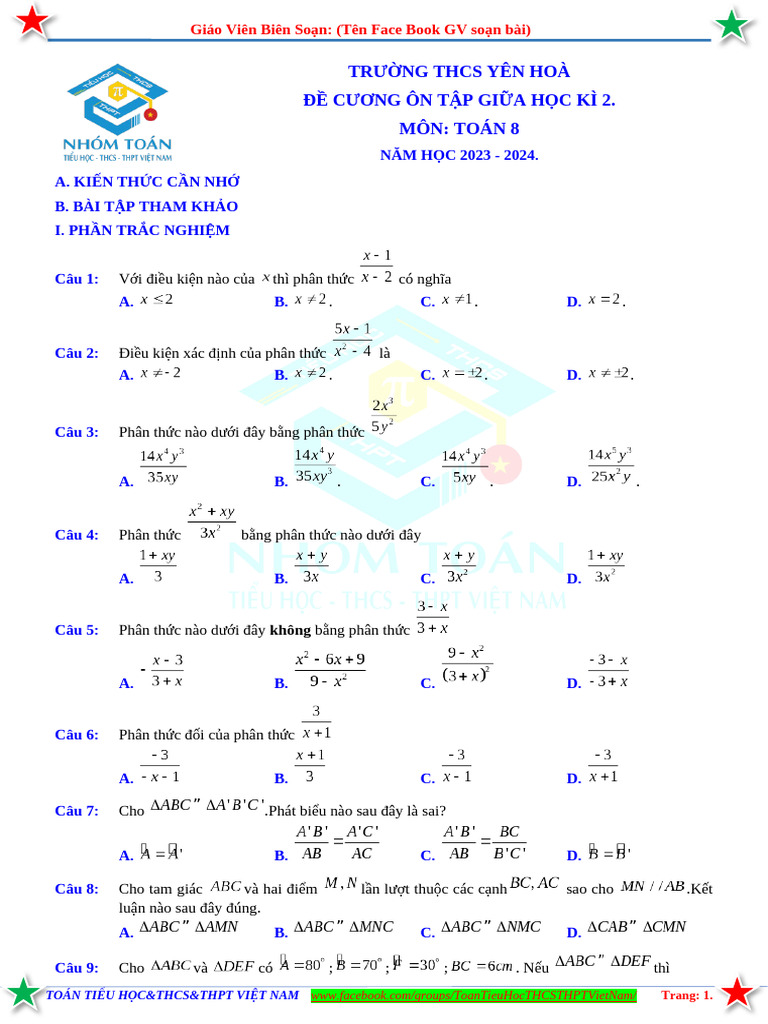 ĐC GK2 TOAN 8 23 24 TN TL YÊN HÒA SPC2 THCS VN VTLuc | PDF