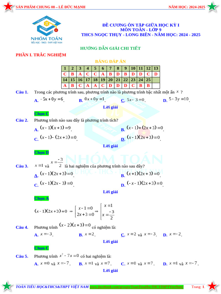 DC TOAN 9 GK1 24 25 THCS NGỌC THỤY LONG BIÊN HDG PHẦN I SPC8 LDMANH | PDF