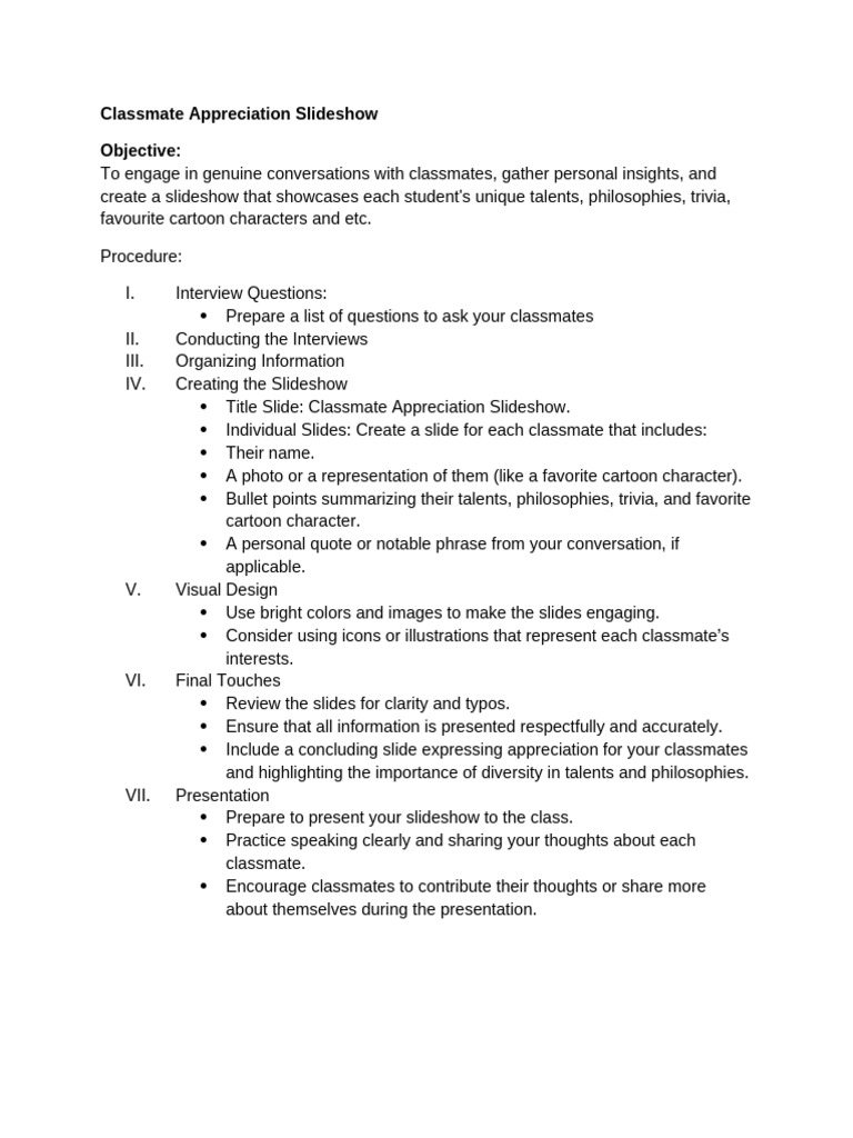 Classmate Appreciation Slideshow Guide | PDF
