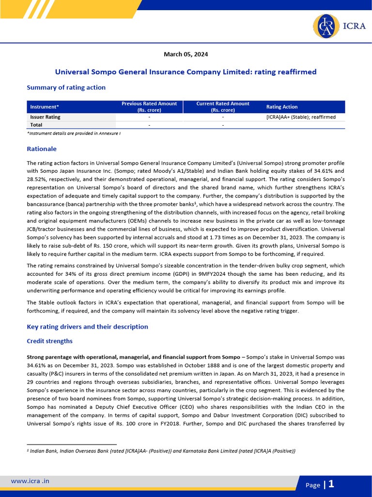 Universal Sompo Insurance Rating Reaffirmed | PDF | Insurance | Credit ...