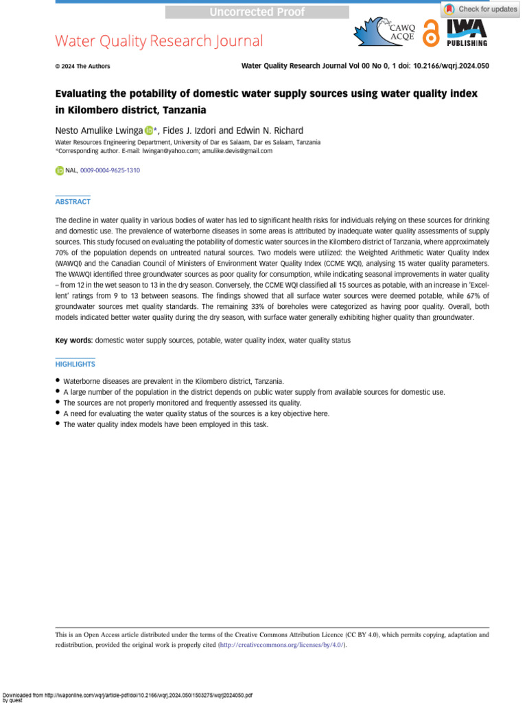 Evaluating The Potability of Domestic Water Supply Sources Using Water ...