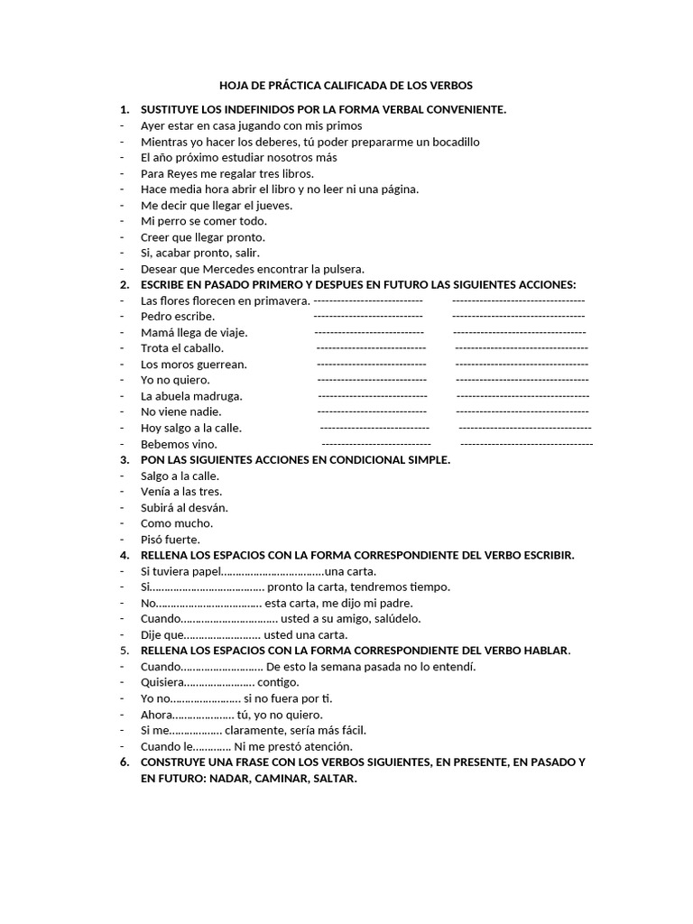Hoja de Práctica Calificada de Los Verbos | PDF
