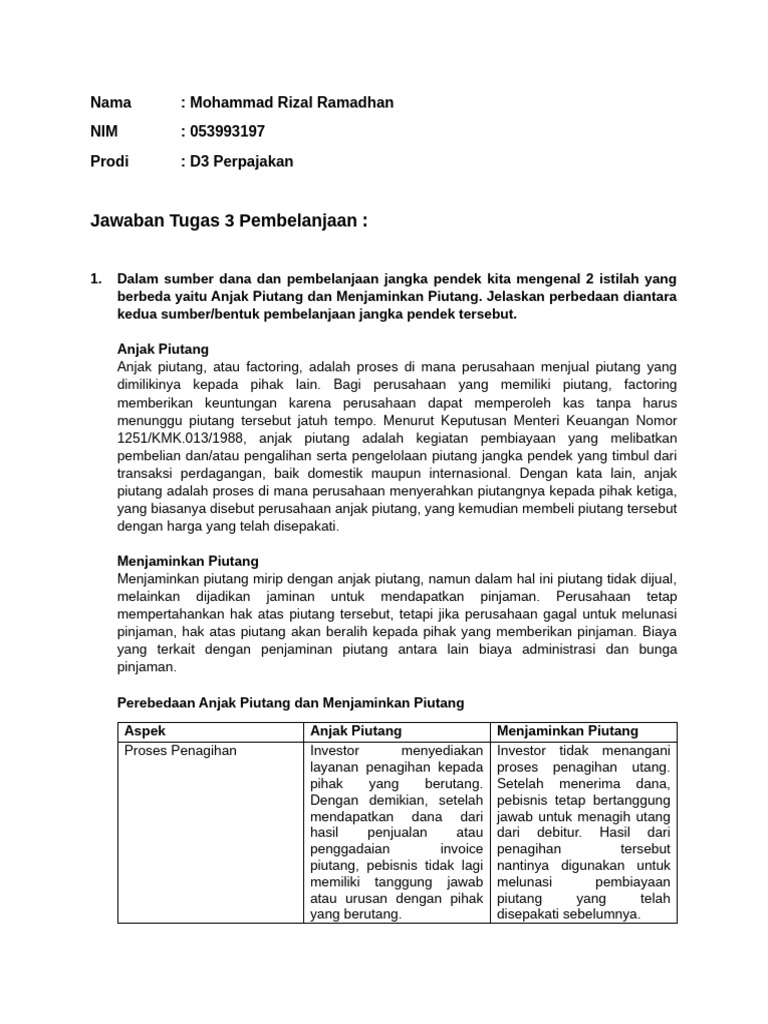 Tugas 3 Pembelanjaan - 053993197 - Mohammad Rizal Ramadhan - D3 Perpajakan | PDF