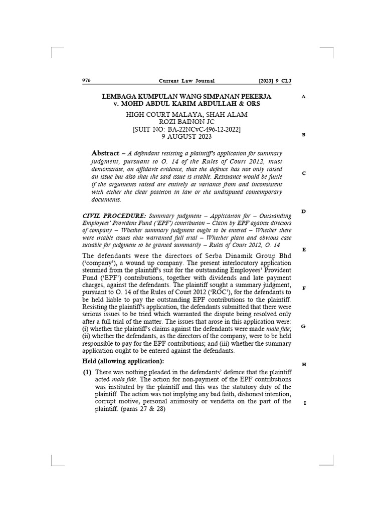 EPF Contributions Summary Judgment Case | PDF | Summary Judgment | Judgment (Law)