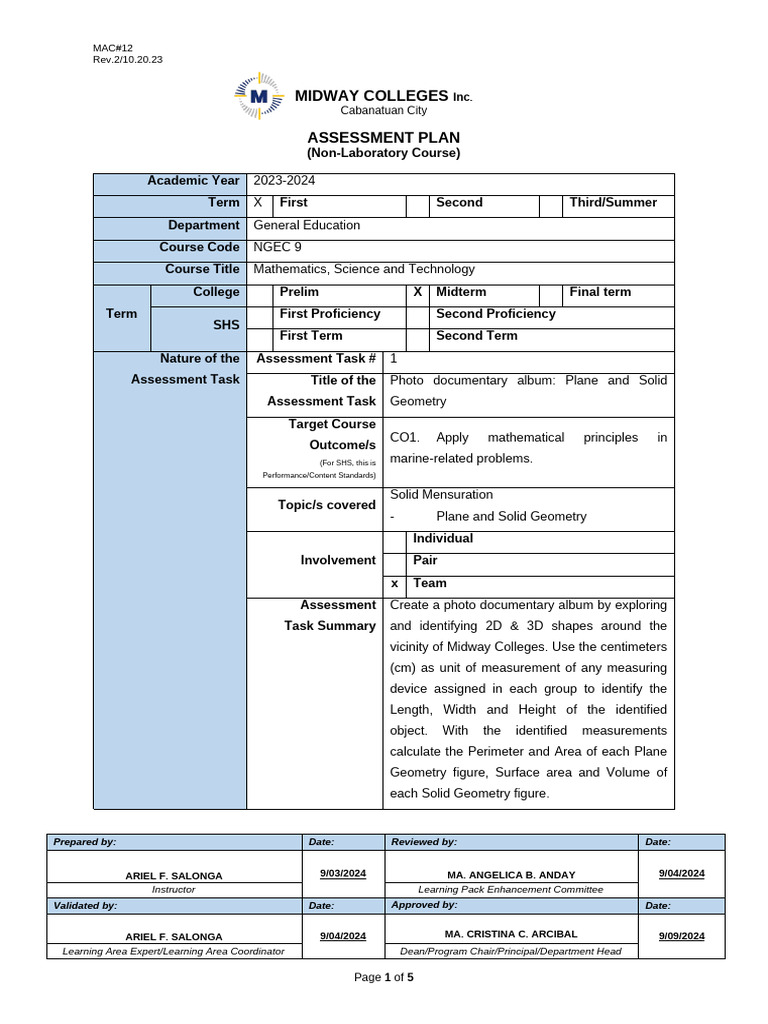 Midterm Assessment-1-Ngec-9-2024-2025 | PDF | Area | Geometry