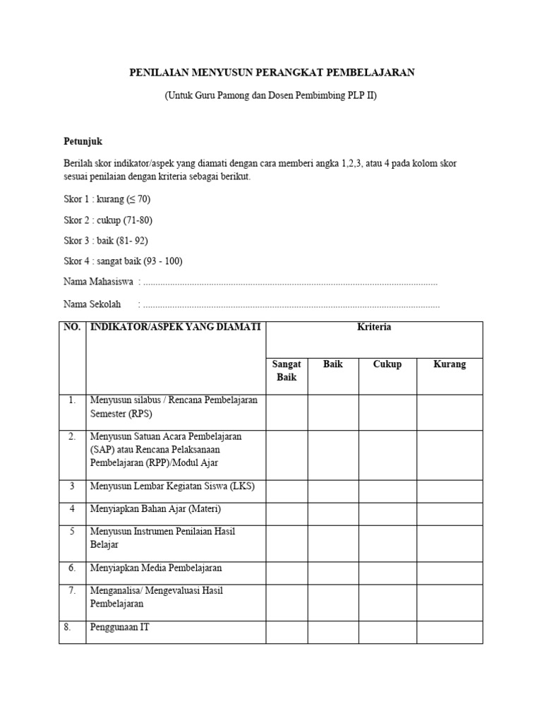 Format Penilaian PLP Ii | PDF