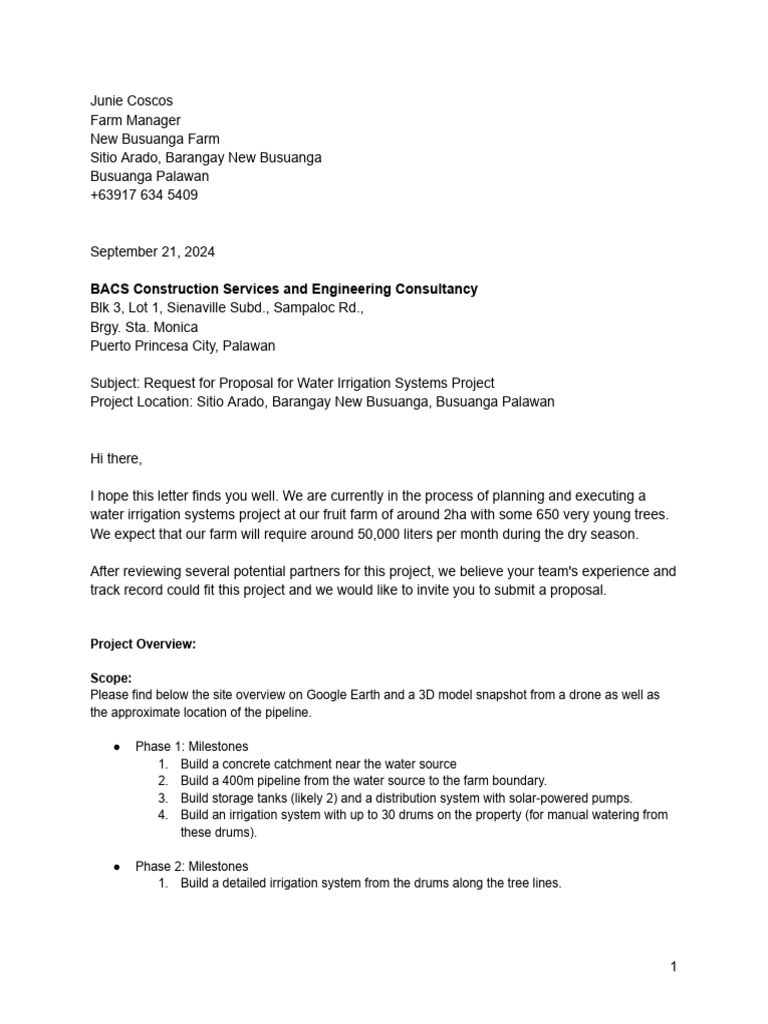 Request For Proposal For Water Irrigation Systems Project 1 | PDF