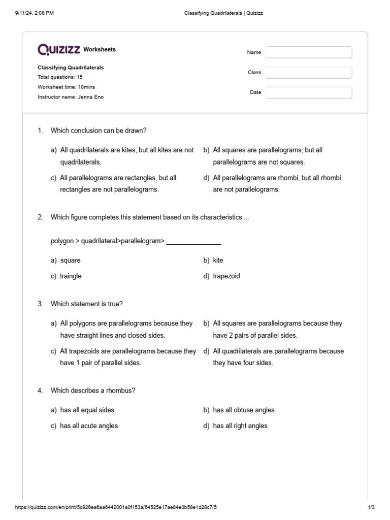 Classifying Quadrilaterals Quiz | PDF | Rectangle | Euclidean Plane ...
