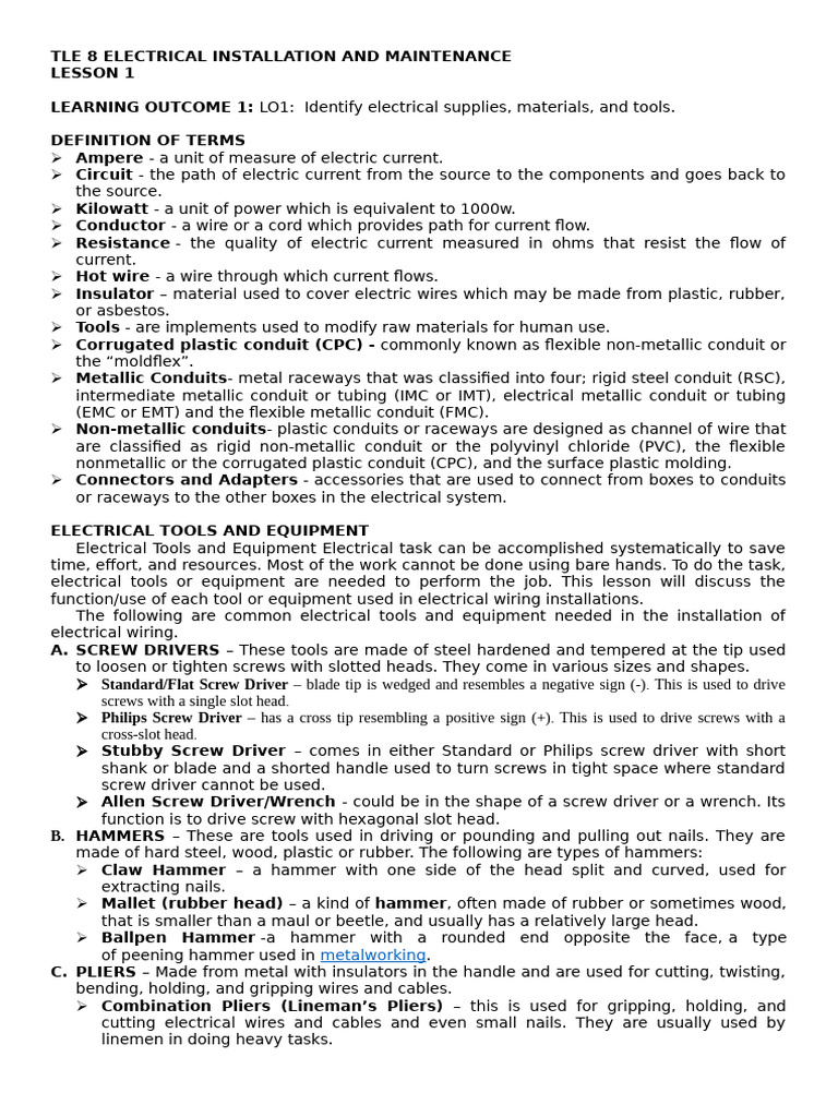 Tle 8 M1 | PDF | Electrical Wiring | Screw