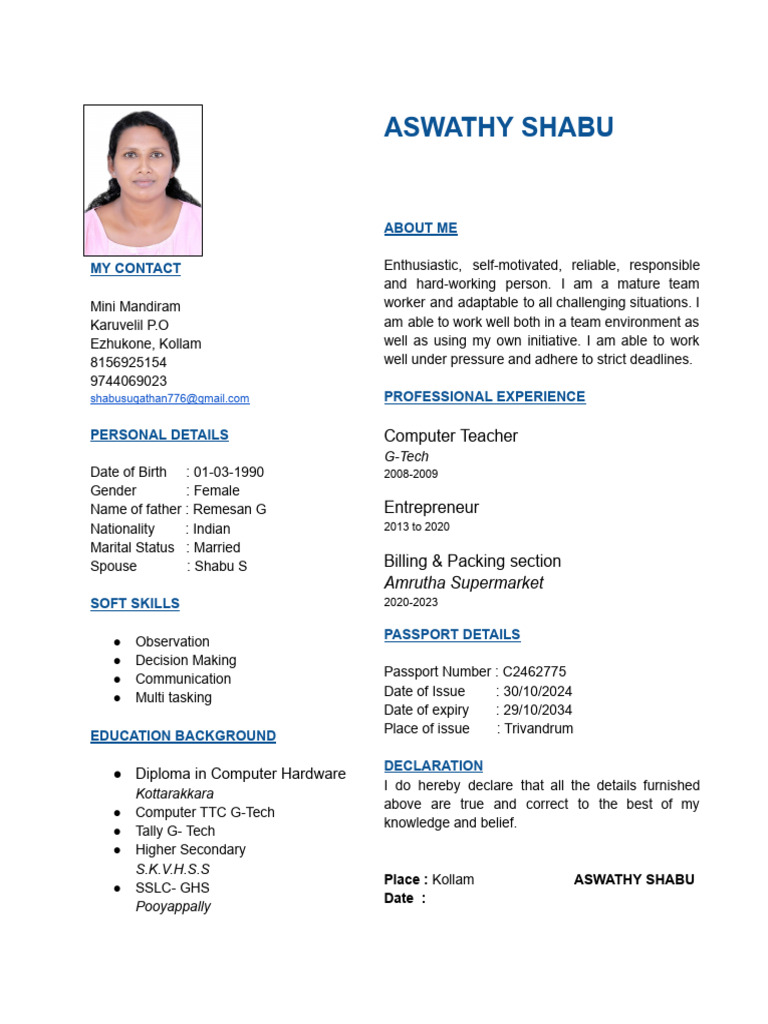 Aswathy Shabu CV | PDF