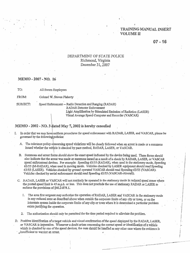 VA State Police RADAR Manual Insert 2 | Calibration | Transportation ...