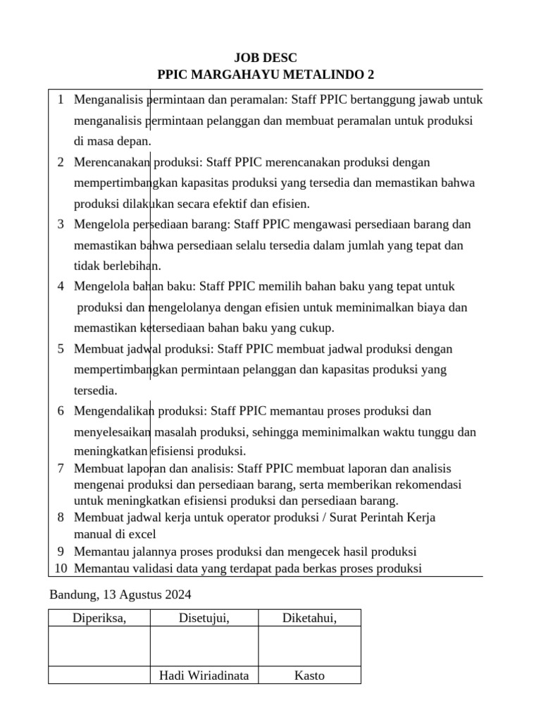 Deskripsi Pekerjaan Staff PPIC | PDF